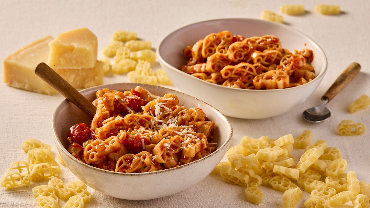Kids double Fiat 500s (car-shaped pasta!) with cherry tomato & basil s ...