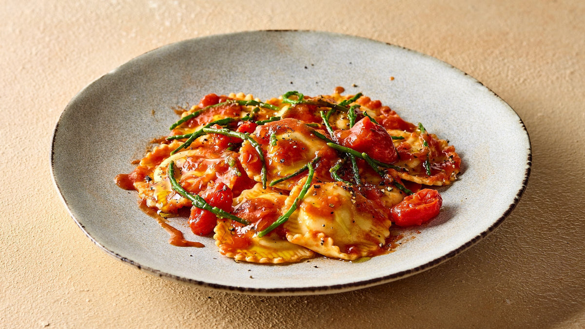 Sea bass ravioli with tomato & basil sauce, samphire – Pasta Evangelists